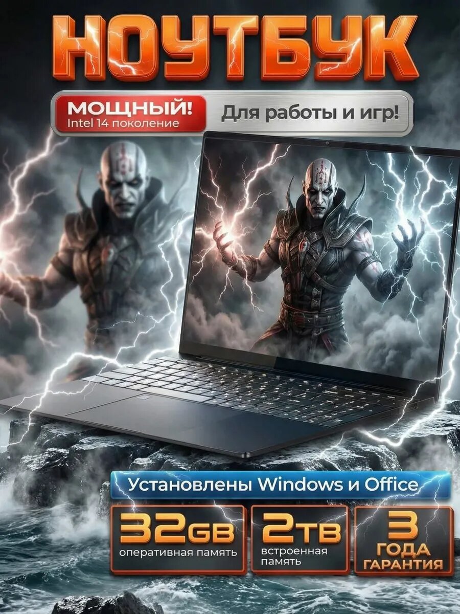 Ноутбук игровой 2026 N-Series, RAM 32GB, SSD 2048GB, IPS + Windows