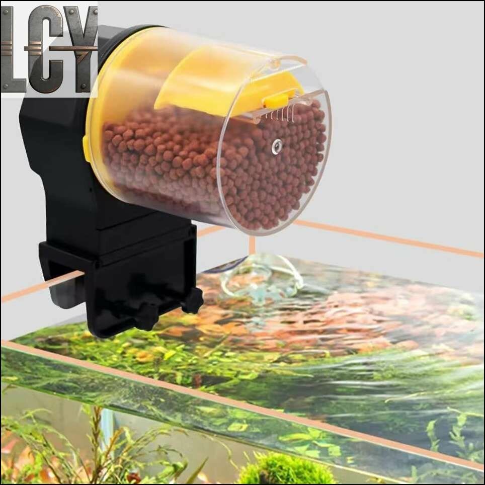 Автокормушка для рыб черно-желтая со сменным бункером/ Кормушка для рыб автоматическая в аквариум