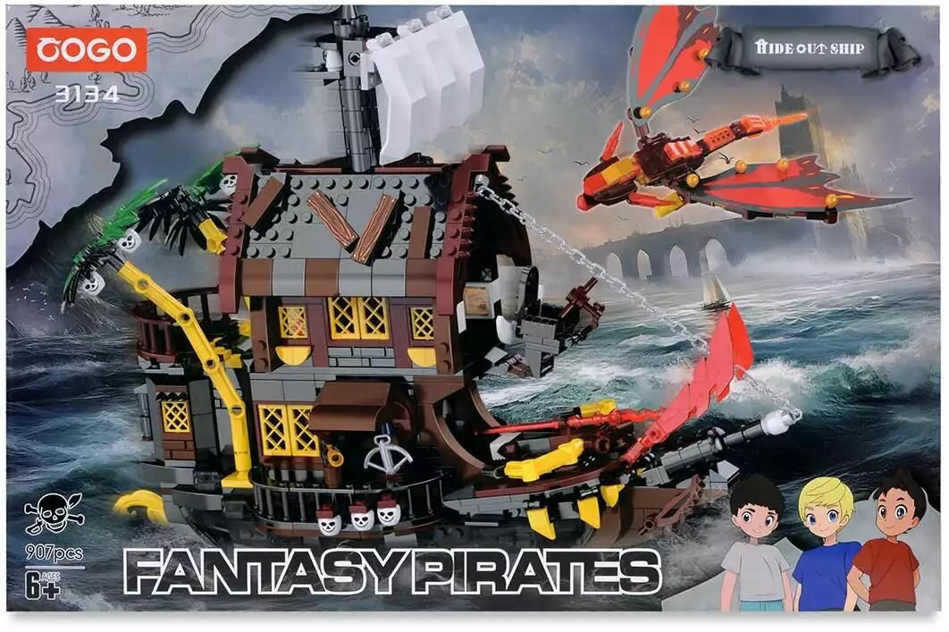 Конструктор COGO блочный Пиратский корабль и дракон, 907 деталей, с фигурками пиратов, в коробке