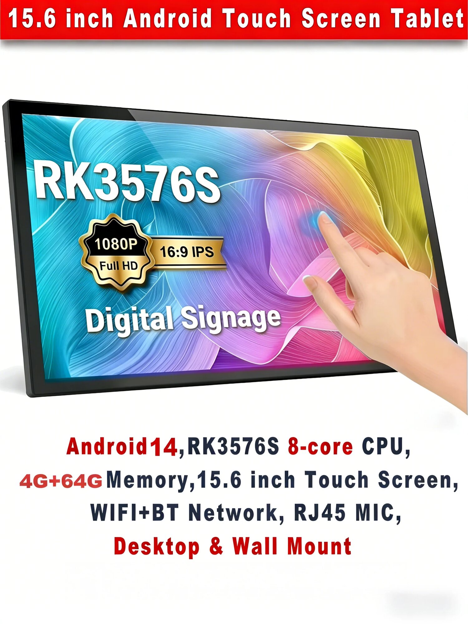 JEESTON 15.6" Android 14 Touchscreen Digital Signage RK3576, 4G+64G, EU Plug