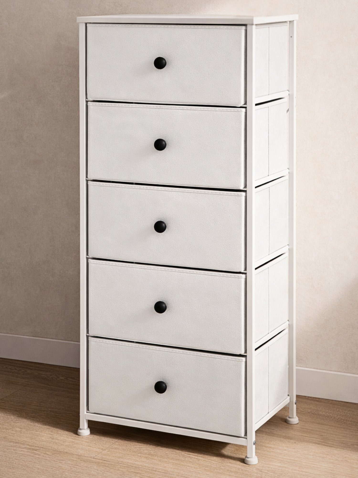 Комод белый высокий ТOKKA с 5 ящиками для одежды, узкий 30 см, 117*46*30, экокожа, металлический каркас