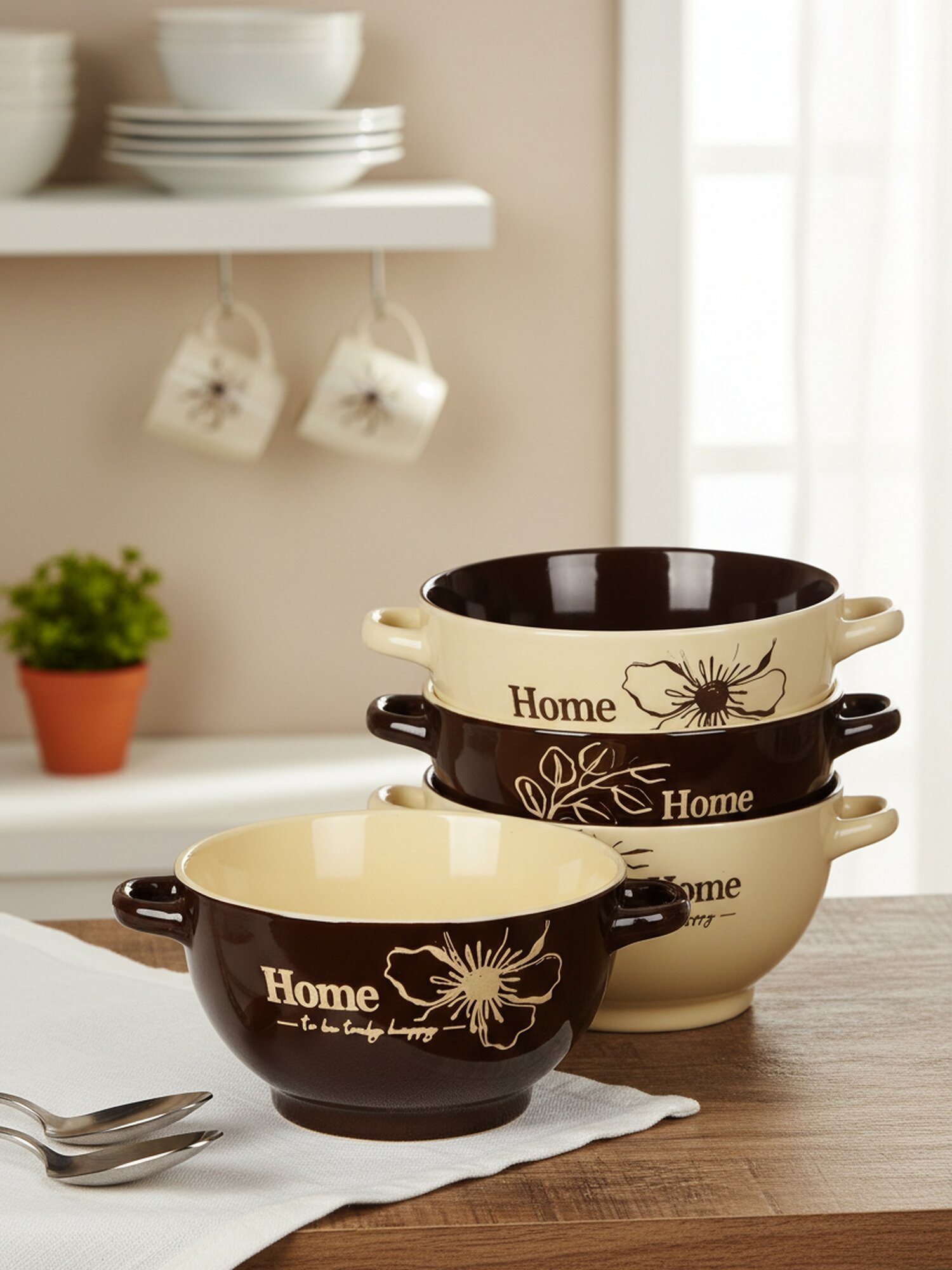 Набор керамических бульонниц ТМ Глория Шоколад, 4 штуки по 650 мл на металлической подставке, коричневые супницы