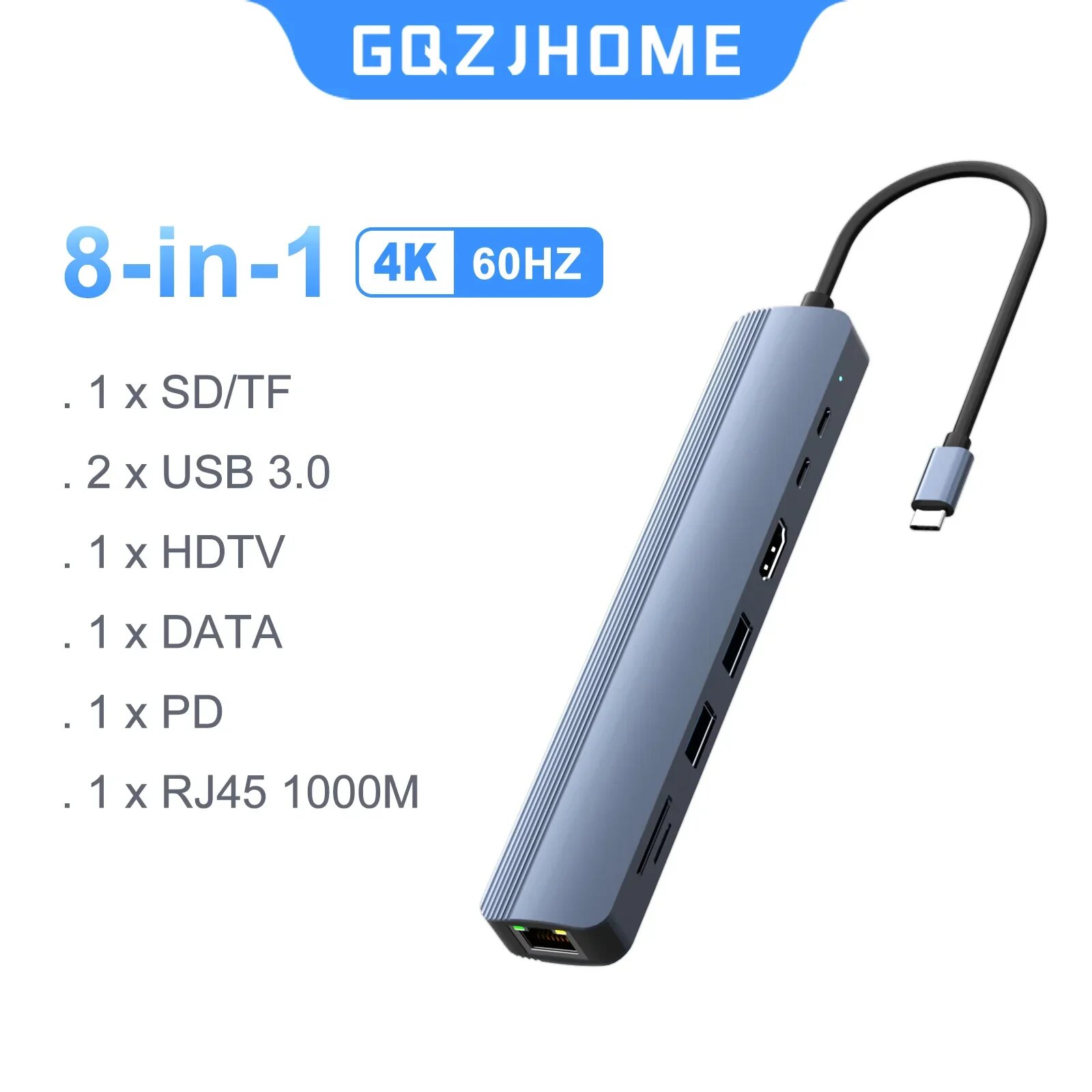 GQZJHOME 8-в-1 USB-C концентратор 4K 60Hz, RJ45 1000M, SD/TF, USB 3