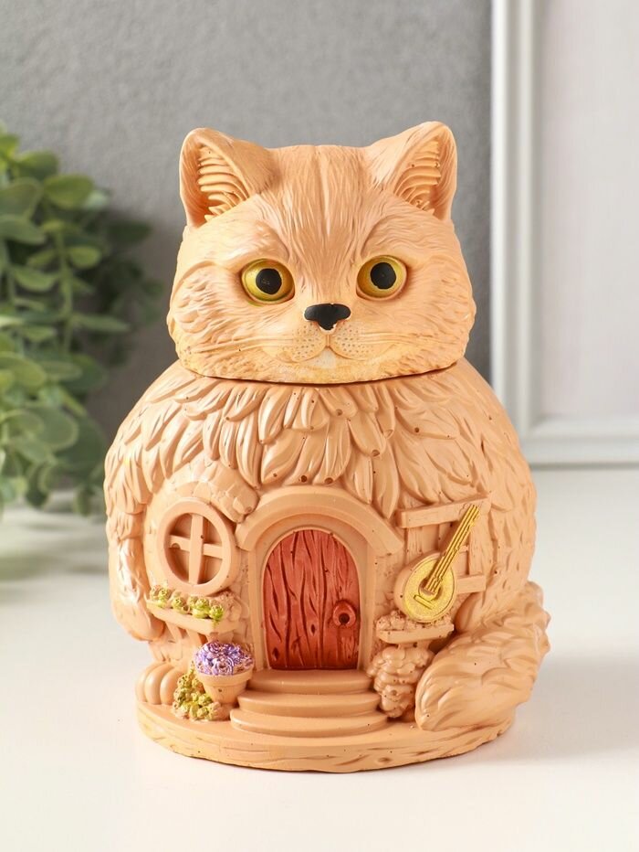 Шкатулка для украшений с крышкой Кот Теремок , 15х10 см, гипс, рыжий