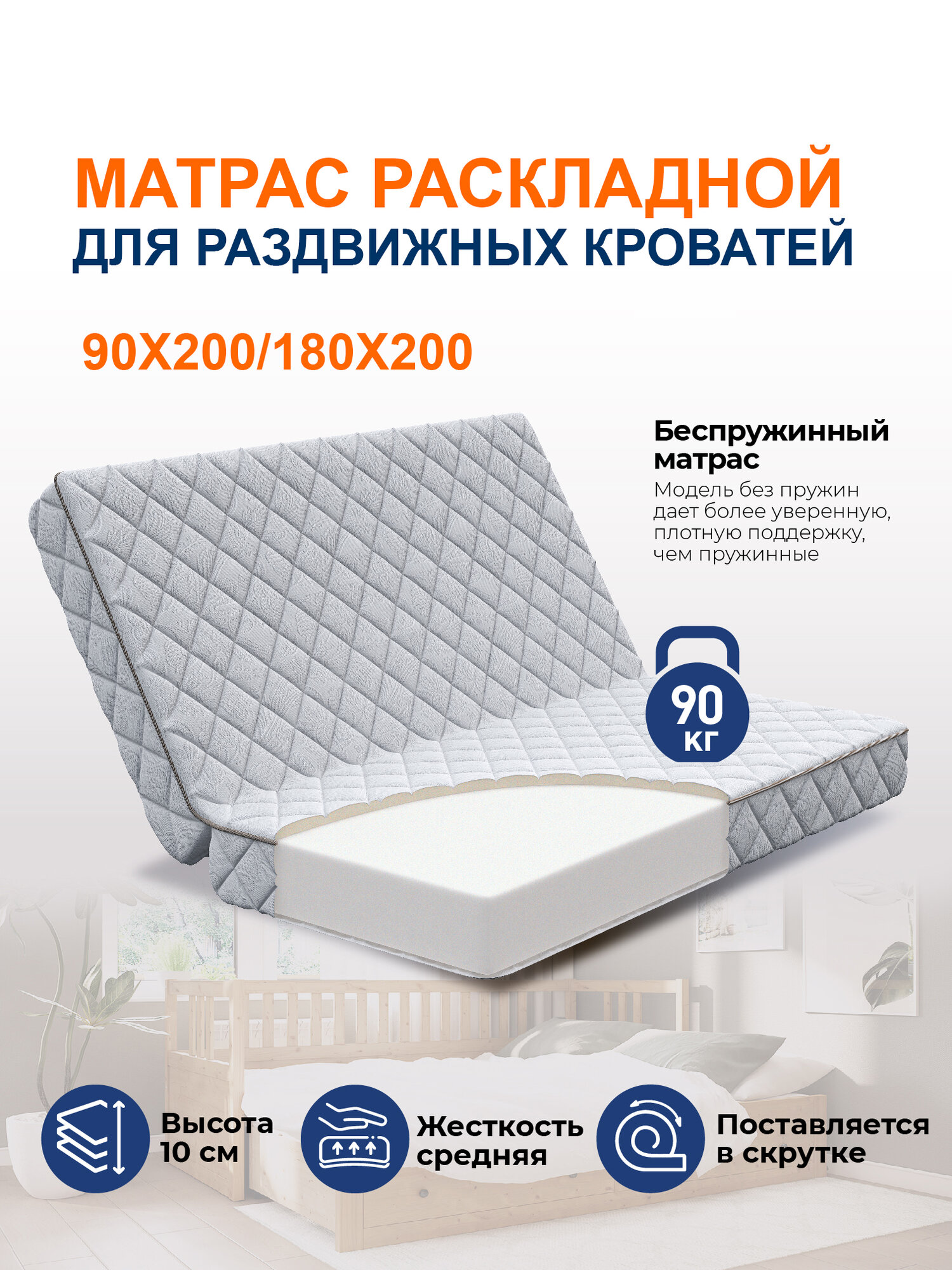 Матрас двуспальный Эталон (ППУ) 90 (180) *200 Раскладной/ Книжка для раздвижной кровати Сириус, Кастор 90*200 или двуспальной, рулон