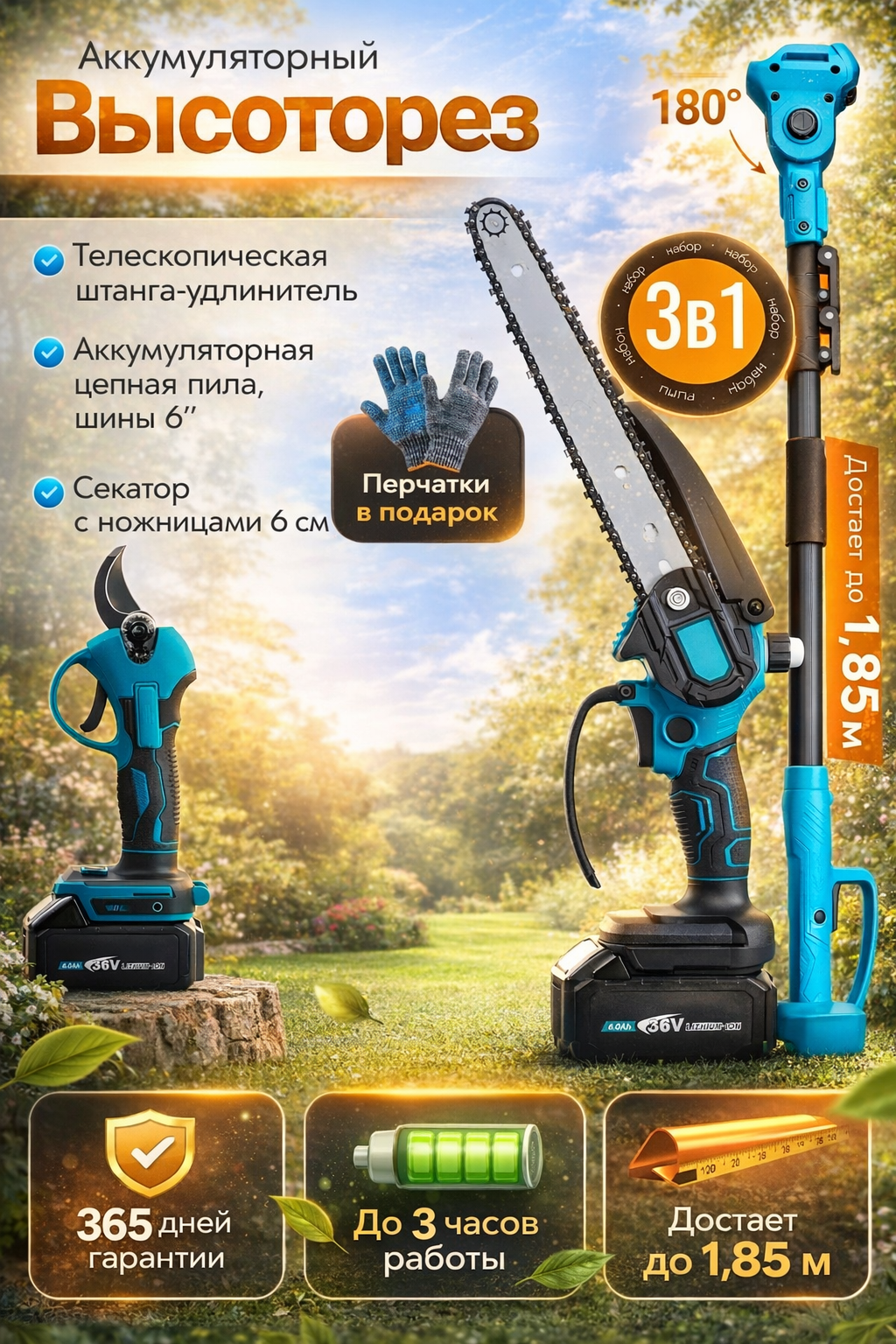 Высоторез аккумуляторный секатор и пила cо штангой набор