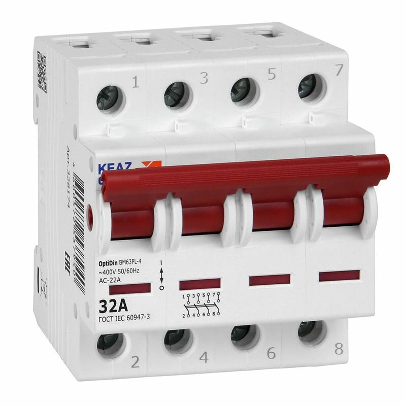 Выключатель нагрузки модульный 4п 32А OptiDin BM63PL-432-УХЛ3 (ВМ63PL) КЭАЗ 328174