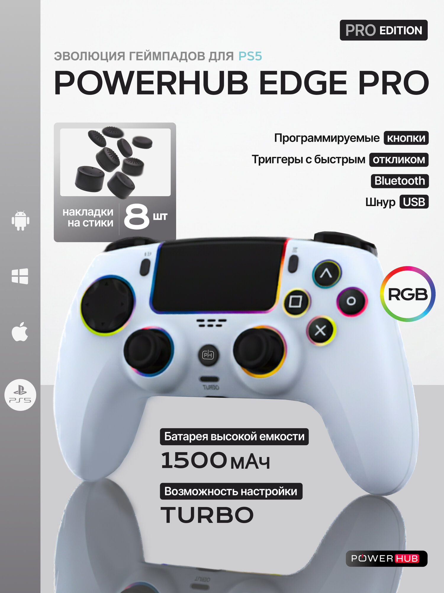 Джойстик PS5, геймпад для Sony PlayStation 5 с RGB-подсветкой и тачпадом белый POWERHUB