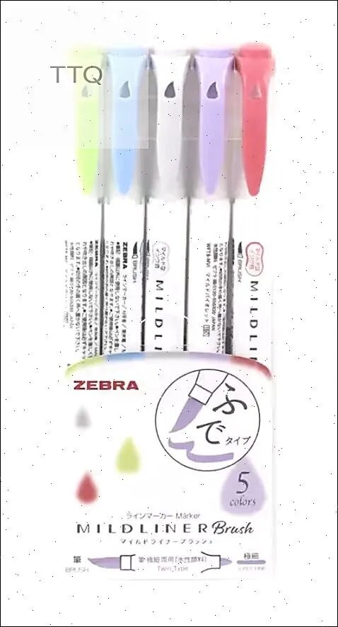 Zebra Mildliner Brush Маркеры-кисти набор 5 шт. для скетчинга, каллиграфии, выделения текста, мягкие цвета