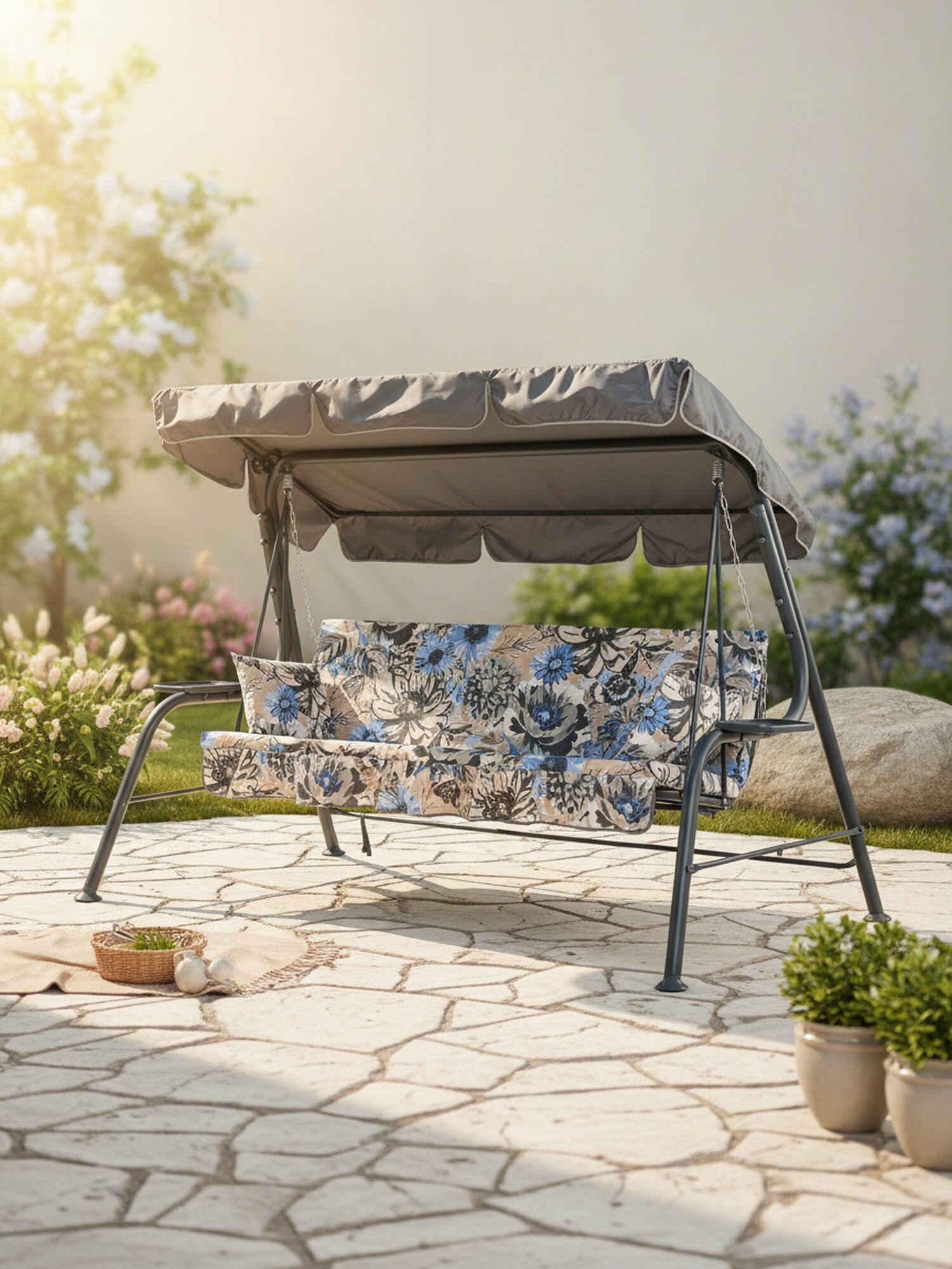 Качели садовые 3-местные Olsa Ника с1803, 231х126х147.8 см, нагрузка 210 кг, металлические с тентом и подушками