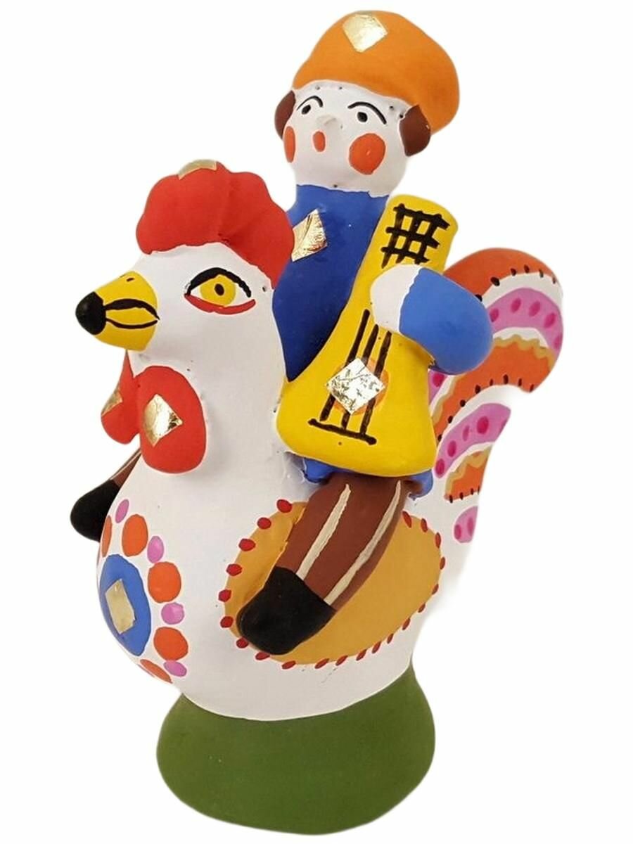 Композиция "Скоморох на петухе"-1, дымковская глиняная игрушка, ручная авторская работа