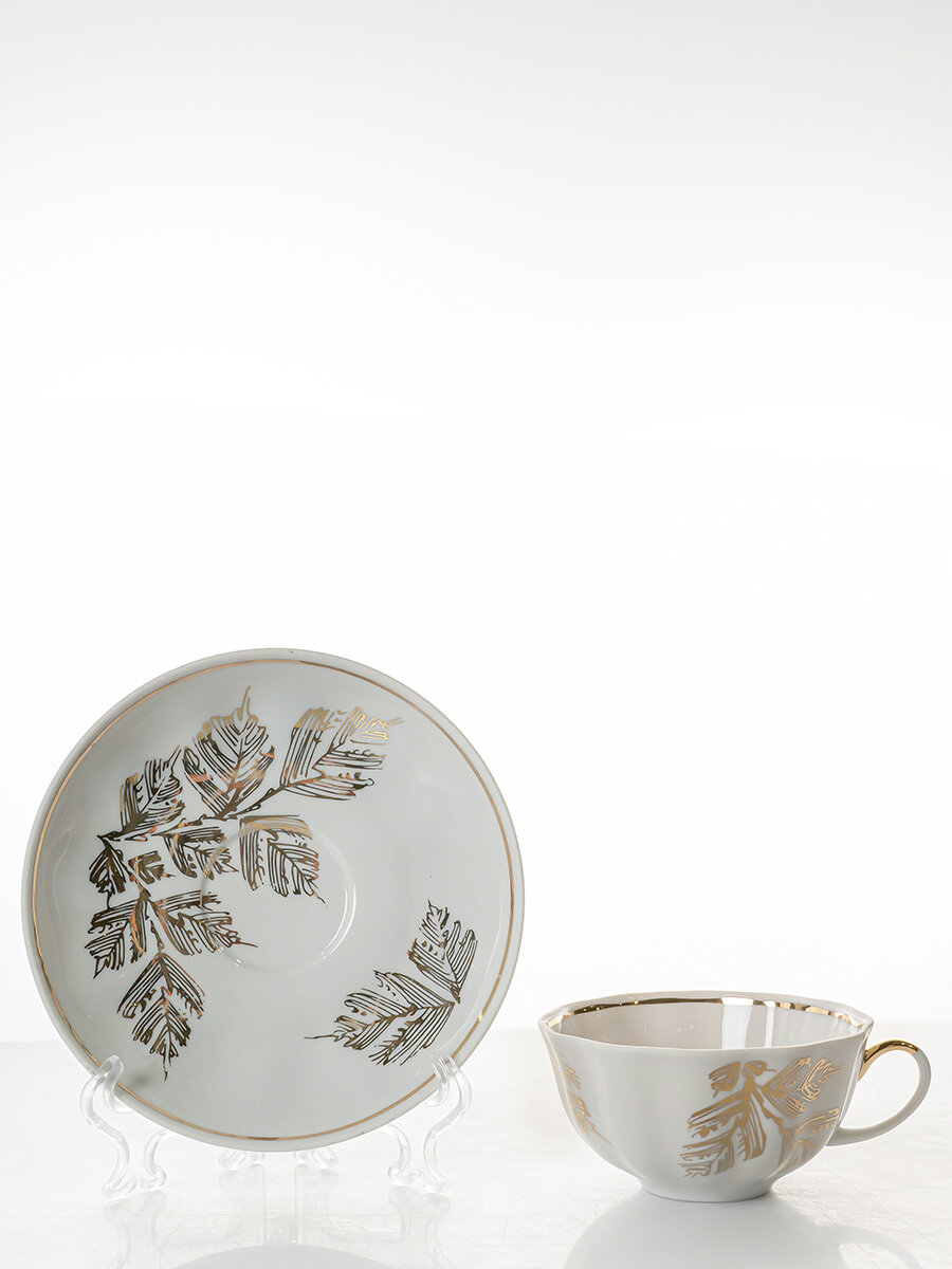 Пара чайная фарфоровая 220 мл. Дулево Ф. Тюльпан "Золотая ветка"