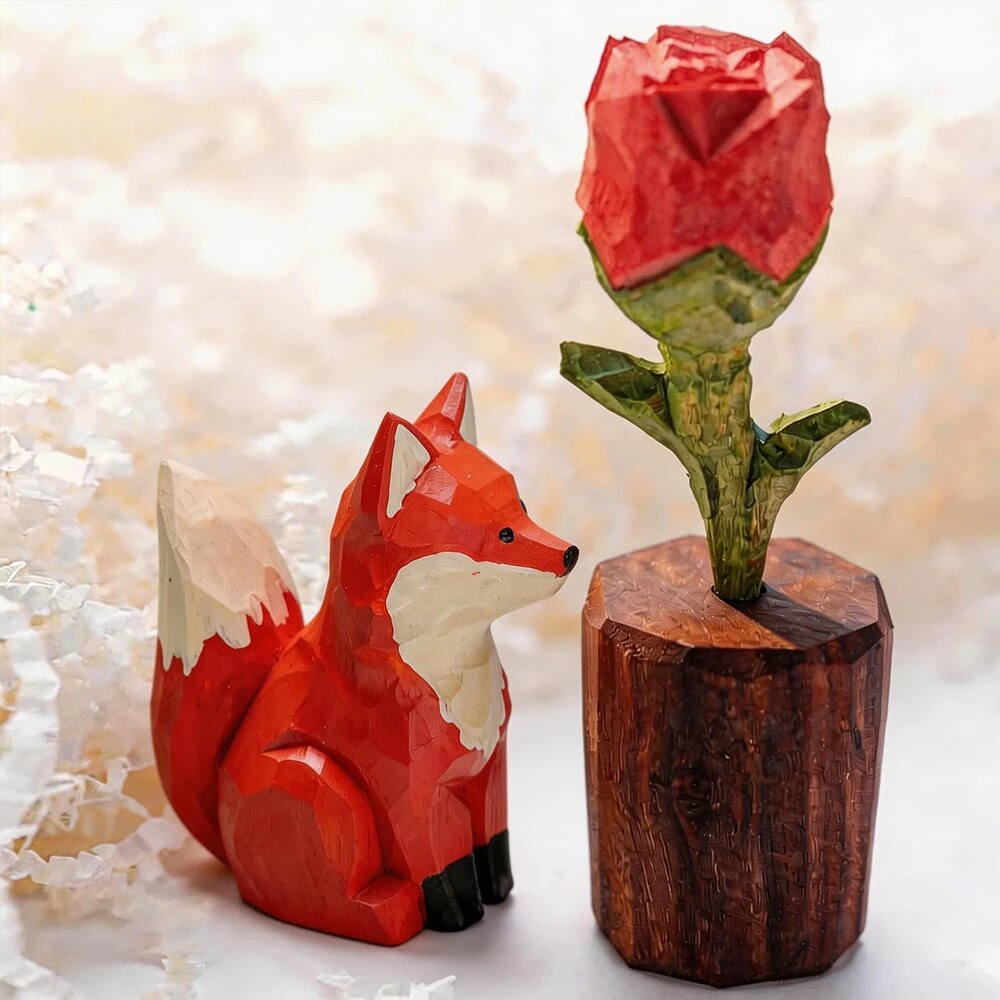 Деревянная статуэтка лисы и розы, fox and rose