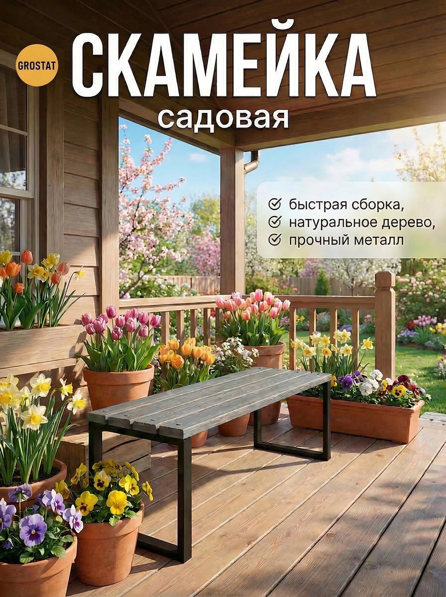 Скамейка садовая GROSTAT, серая, лавка дачная, скамья для дома, для сада, 117х40х44 см, гростат