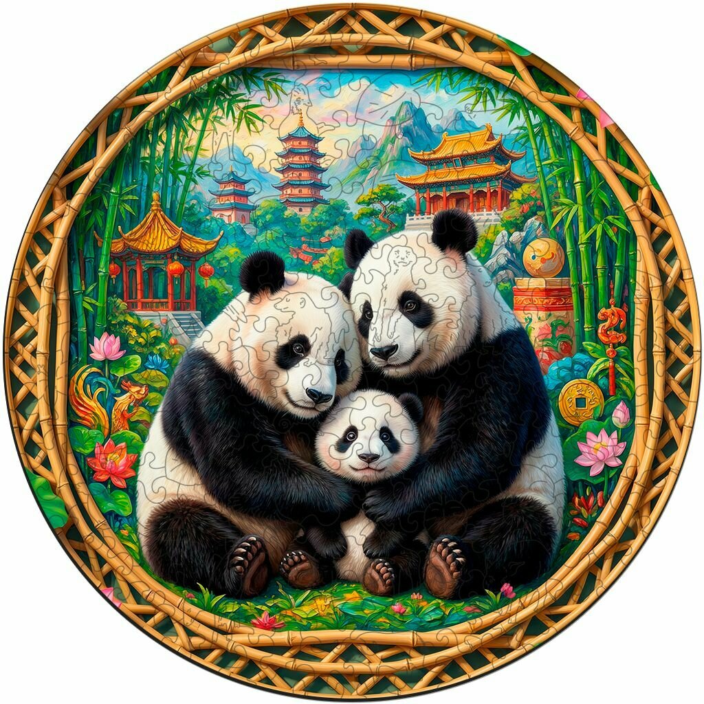 Деревянный пазл BoberBox "Семья панд", 217 деталей, круглый 30 см
