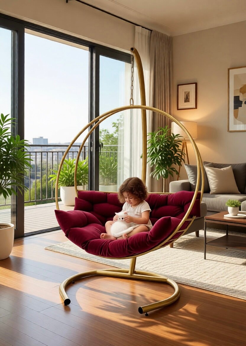 Подвесное кресло Пафос, на стойке золотое с бордовой подушкой