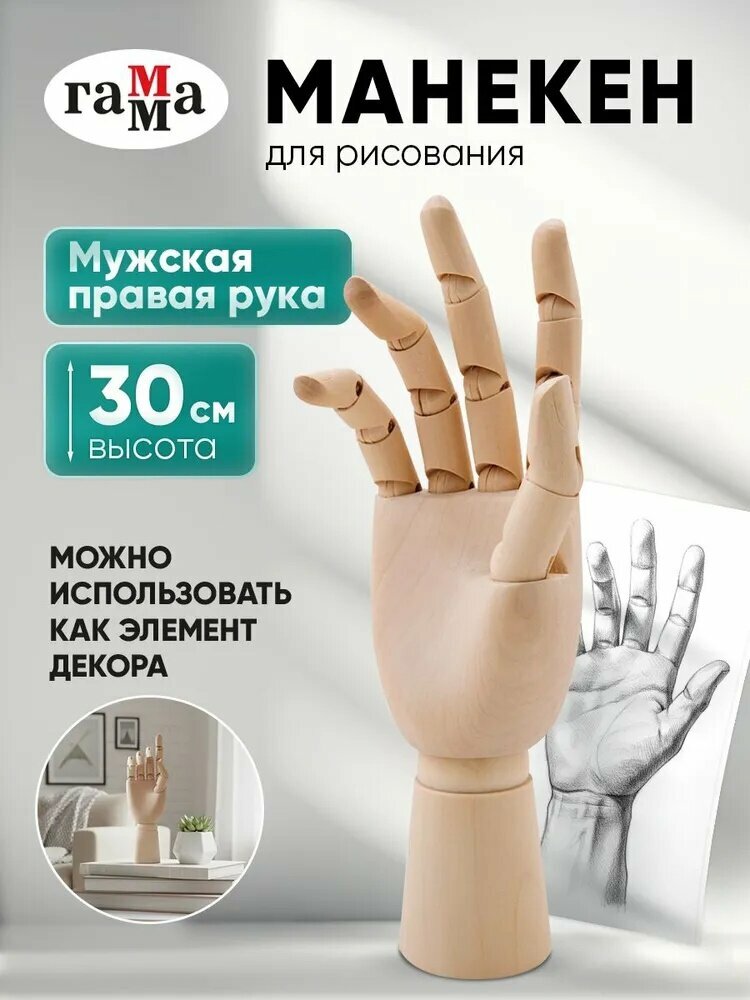Манекен для рисования художественный деревянная рука мужская правая 30 см Гамма