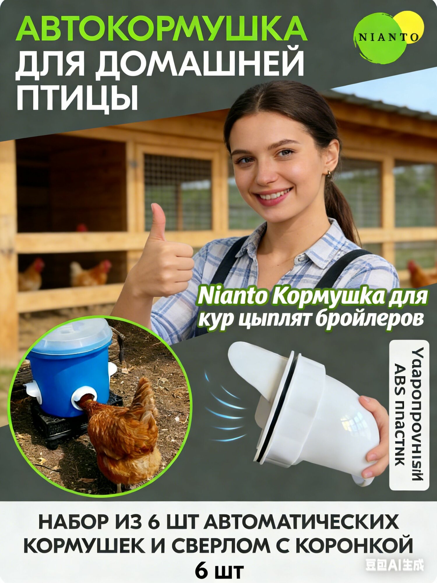 Nianto Кормушка для кур цыплят бройлеров перепелов уток гусей индеек птиц автоматическая 6 шт
