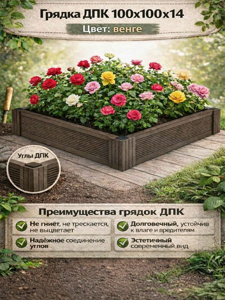 Грядка из ДПК Патио Квадрат 1 ( Теплая грядка ) 14х100х100 см. Углы и борта из ДПК