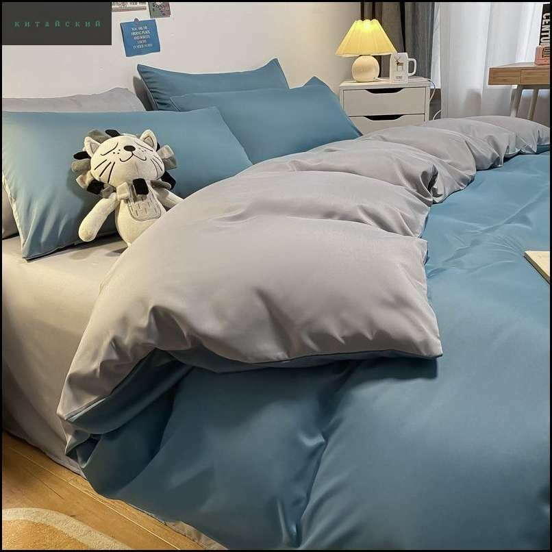 Кровать - белёсая 4 шт. стиль, 2м*2,3м: ткань хлопковая с эффектом стирки, уютный минимализм для спальни