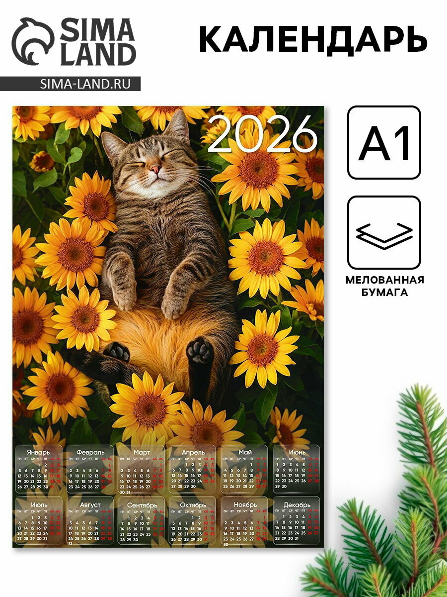 Календарь настенный 2026 "Кот с подсолнухами", А1, тематика: животный мир, 10 шт.