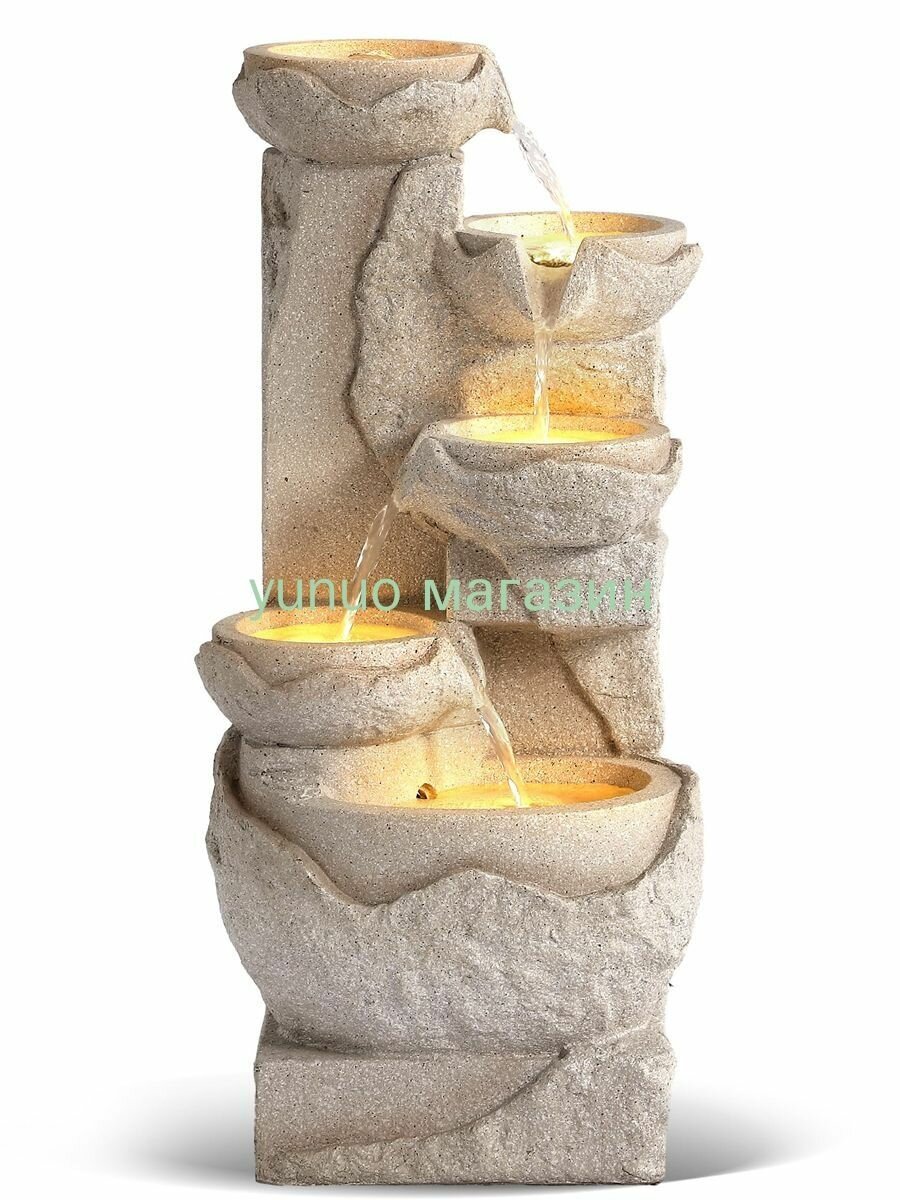 Фонтан садовый уличный, Уличный 5-ярусный каскадный фонтан из камней с 5 светодиодными лампами для украшения сада, патио, двора и террасы, 60 см