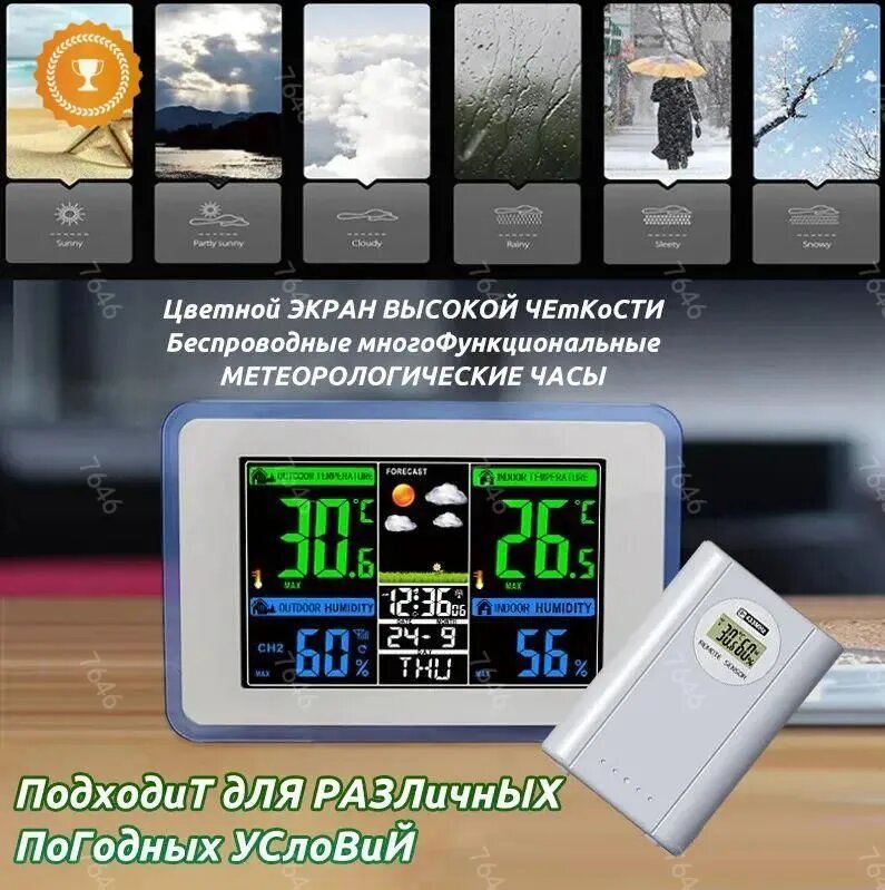 GM Метеостанция с внешним датчиком, отображением температуры, влажности, прогнозом погоды и часами, голубой — фото 1