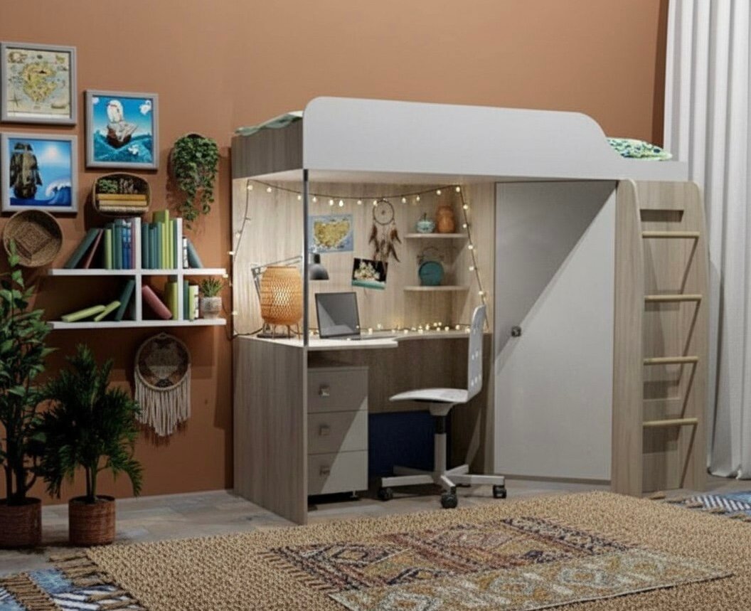 Кровать-чердак 80х200 Колледж (дуб сонома+белый)