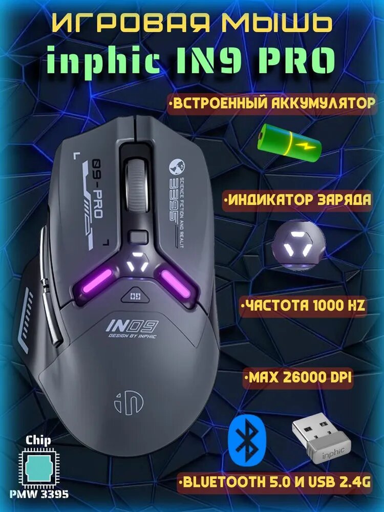 INPHIC Игровая мышь беспроводная Игровая беспроводная оптическая мышь INPHIC IN9 PRO D53S M82J, черный, фуксия