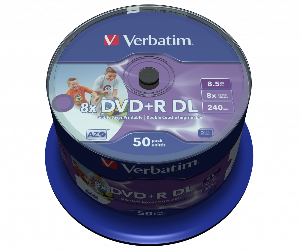 Диск оптический Verbatim DVD+R DL 8x 8,5GB AZO Wide Inkjet Printable no ID, Cake Box, 50 шт.