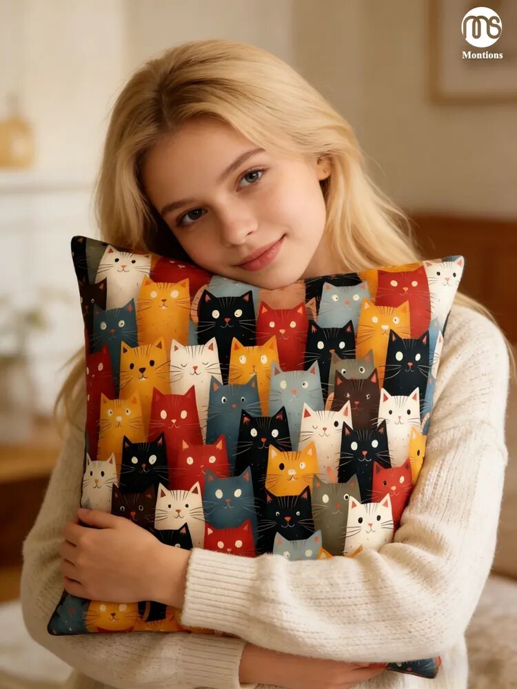 Наволочка, декоративная с котенком, Хлопок, Полиэстер, 45x45 см 1шт
