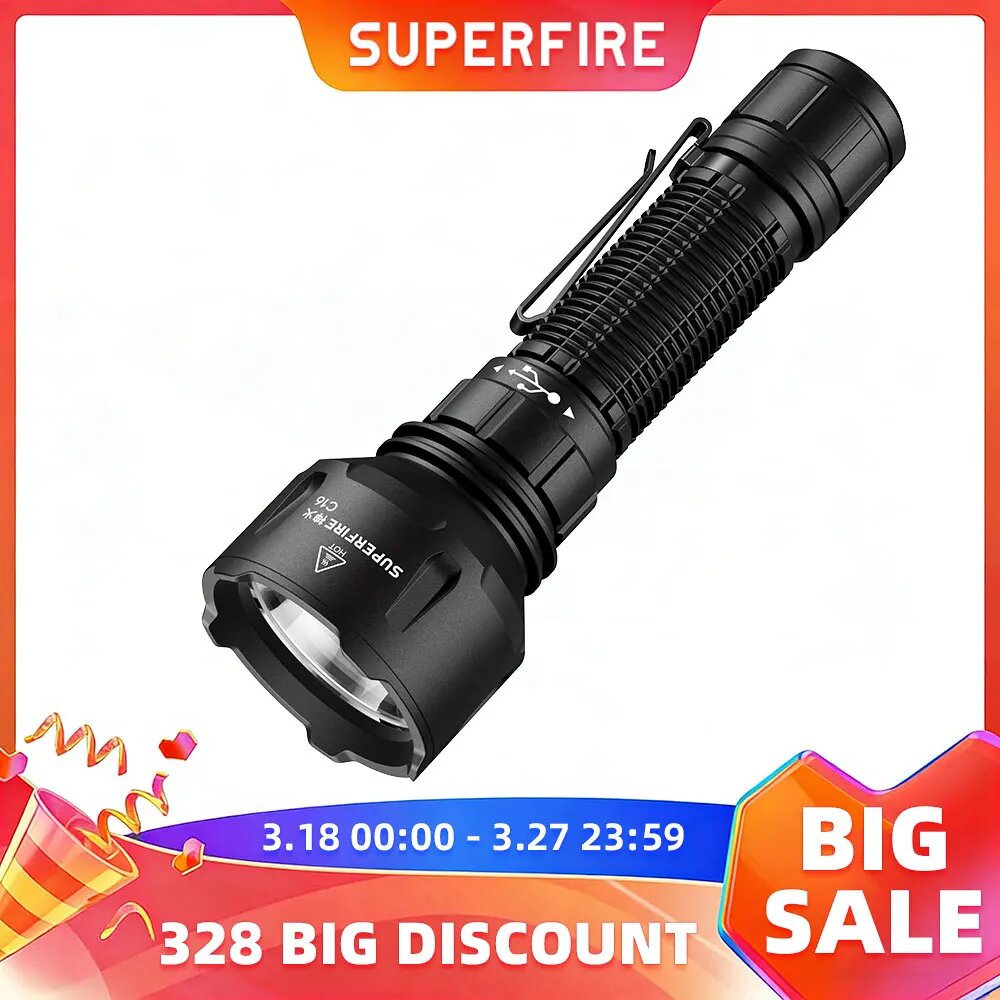 Перезаряжаемый светодиодный фонарик SUPERFIRE C16, 40 Вт, мощный фонарь, дальность действия 500 м, с аккумулятором, водонепроницаемый, для кемпинга