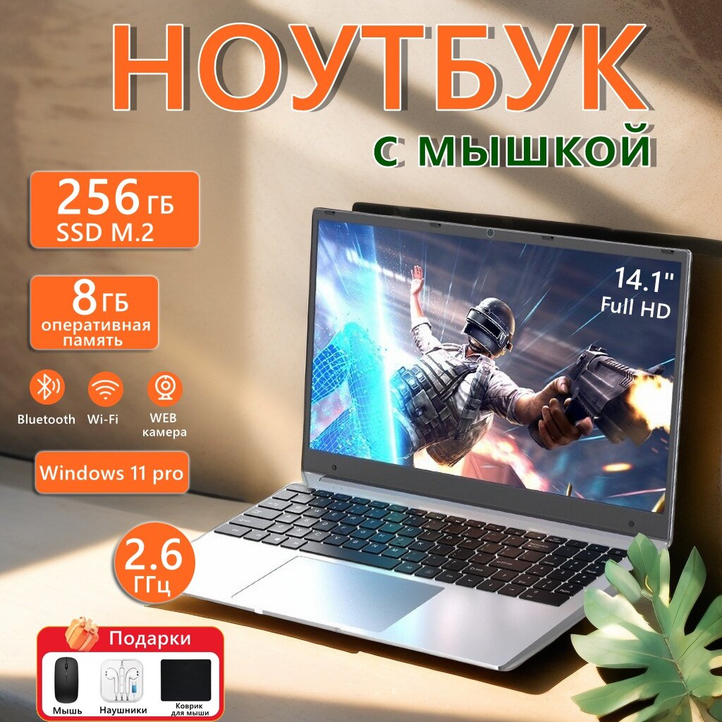 Ноутбук 14.1" IPS FHD, Intel Celeron N4000-2 ядер до 2400 MHz, RAM 8 ГБ, SSD 256 ГБ, Win 11 Pro+ Office, серебристый