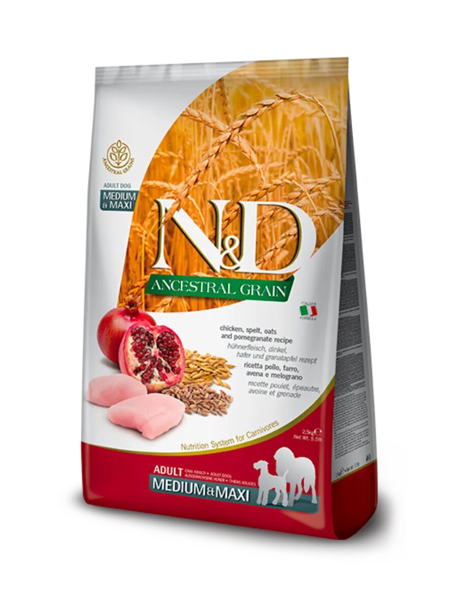 Сухой корм Farmina N&D Ancestral Grain (Фармина) для собак средних и крупных пород с курицей и гранатом 2,5 кг