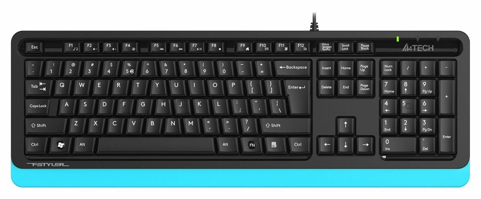 Клавиатура A4Tech FKS10, черно-синяя, USB, подставка для запястий, длина кабеля 1.5 м (FKS10 BLUE)