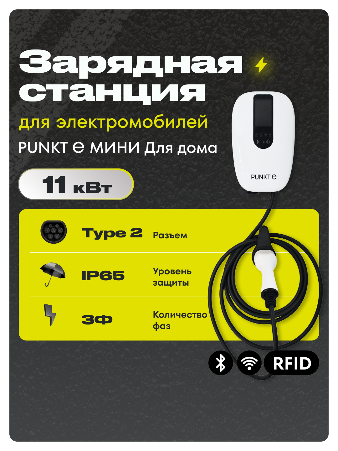Зарядная станция PUNKT E мини Для дома 11 кВт Type 2, крепление на стенку, белая