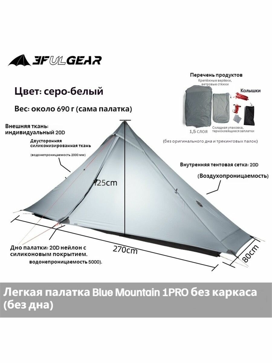 Палатка 3F UL GEAR Lanshan 1-Pro сверхлегкая 20D силикон без каркаса