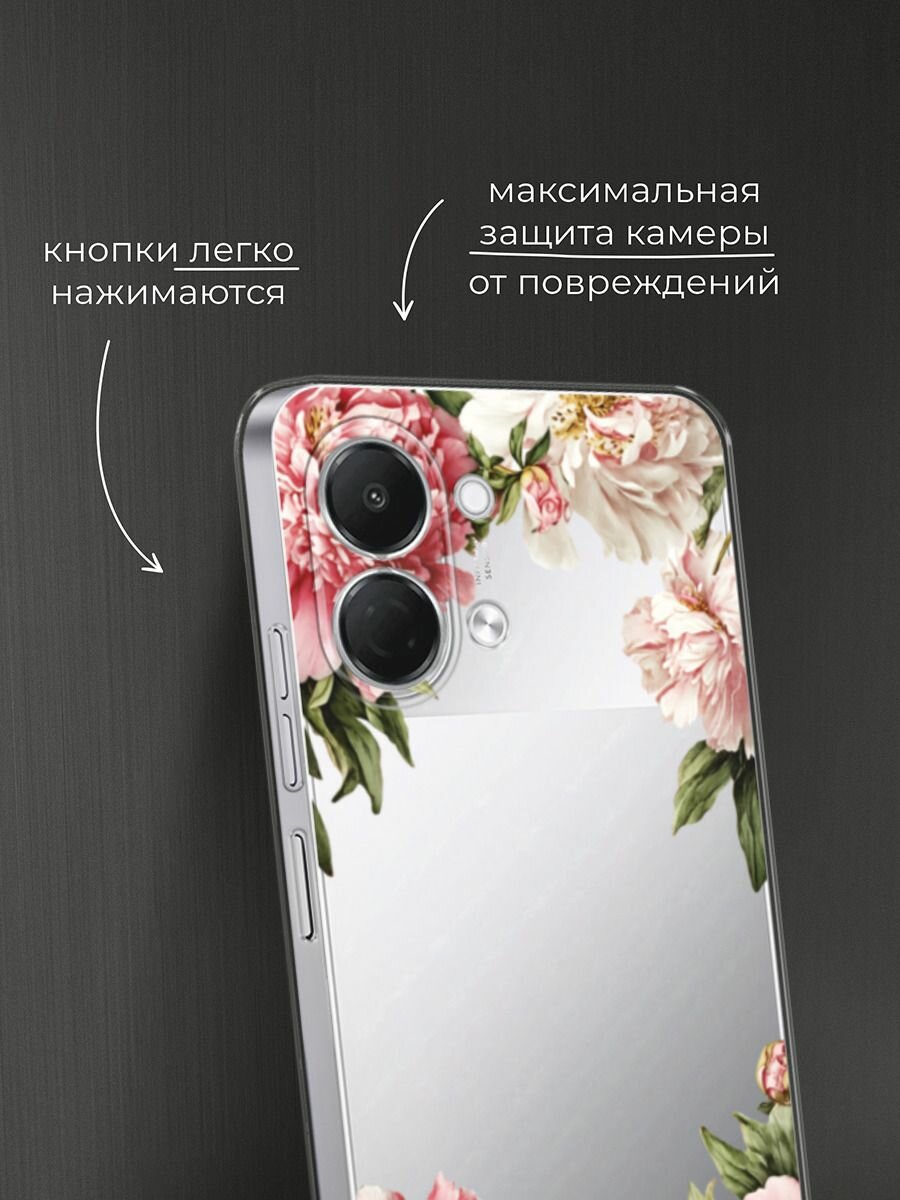 Чехол на Tecno Spark Go 3 / Текно Спарк Го 3 с принтом Нежная рамка пионов, прозрачный — фото 1