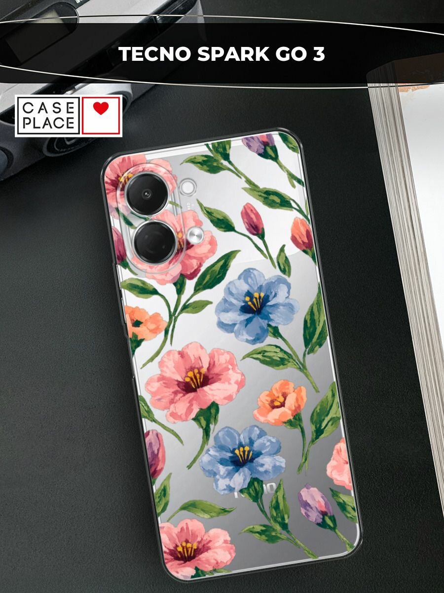 Чехол на Tecno Spark Go 3 / Текно Спарк Го 3 с принтом Акварельные цветы и бутоны, прозрачный