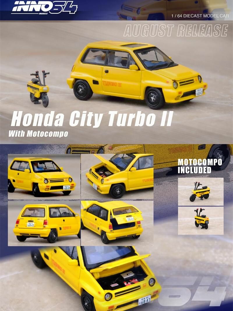 Машинка INNO 1/64 HONDA CITY TURBO II With MOTOCOMPO yellow Die-cast Alloy Car Model Collection Gift