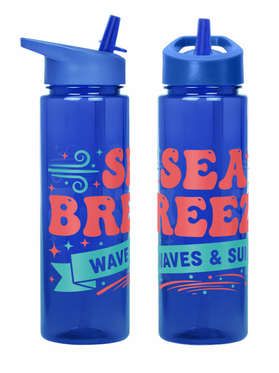 Бутылка синяя для воды с принтом Sea Breeze: Волны и солнце