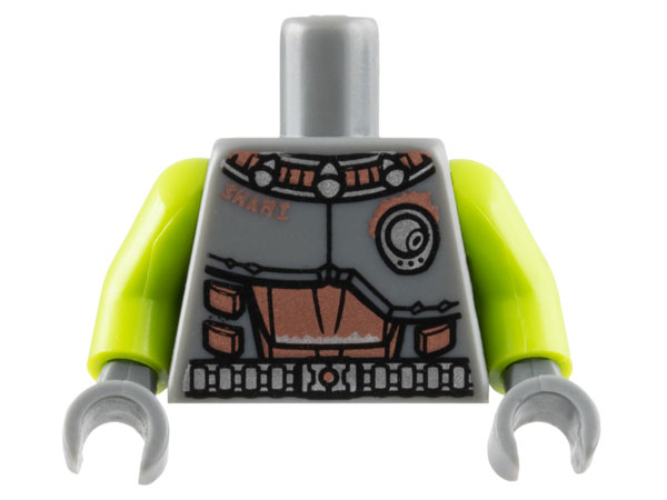Torso Space Armor with Copper Abdomen and 'SHAMI', Silver Belt and Air Vent Pattern / Lime Arms / Dark Bluish Gray Hands, 973pb1333c01 Dark Bluish Gray U