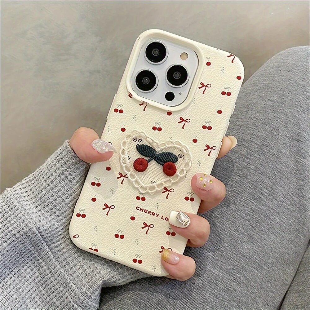 Корейский милый кожаный чехол с 3D вышивкой вишневого банта и узором для iPhone 16, 15, 14, 13, 12, 11 Pro Max X XR XS Max Cover