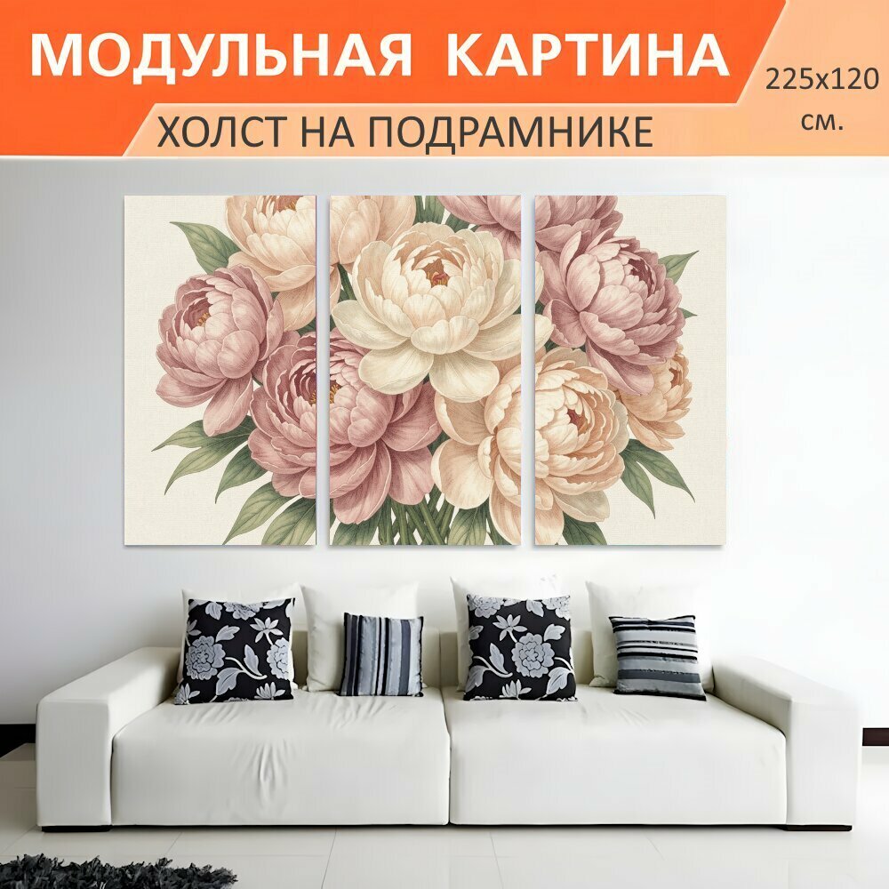 Модульная картина на холсте "Нежный букет пионов. Пышная цветочная композиция в пастельных оттенках розового, кремового и бежевого, с." триптих на подрамнике 225х120 см. для интерьера