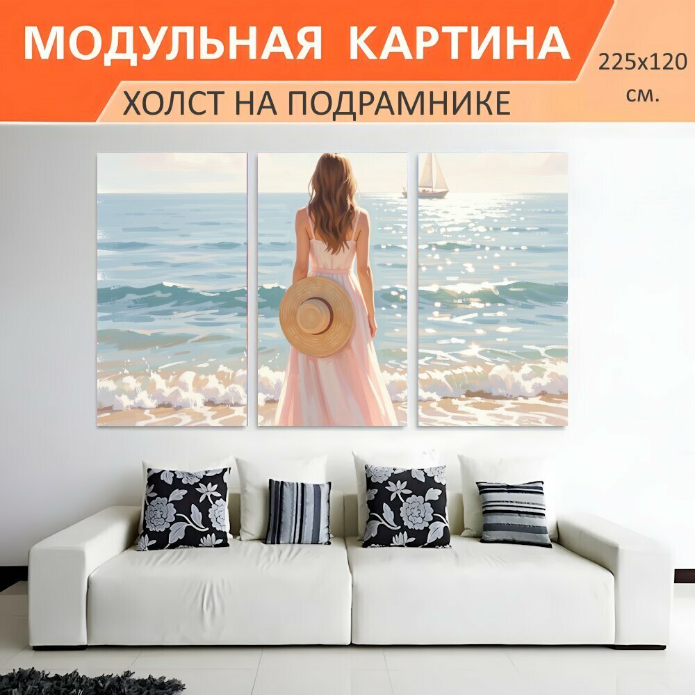 Модульная картина на холсте "Девушка у моря с шляпой. Нежная летняя сцена на побережье: девушка в светлом платье стоит у кромки воды." триптих на подрамнике 225х120 см. для интерьера