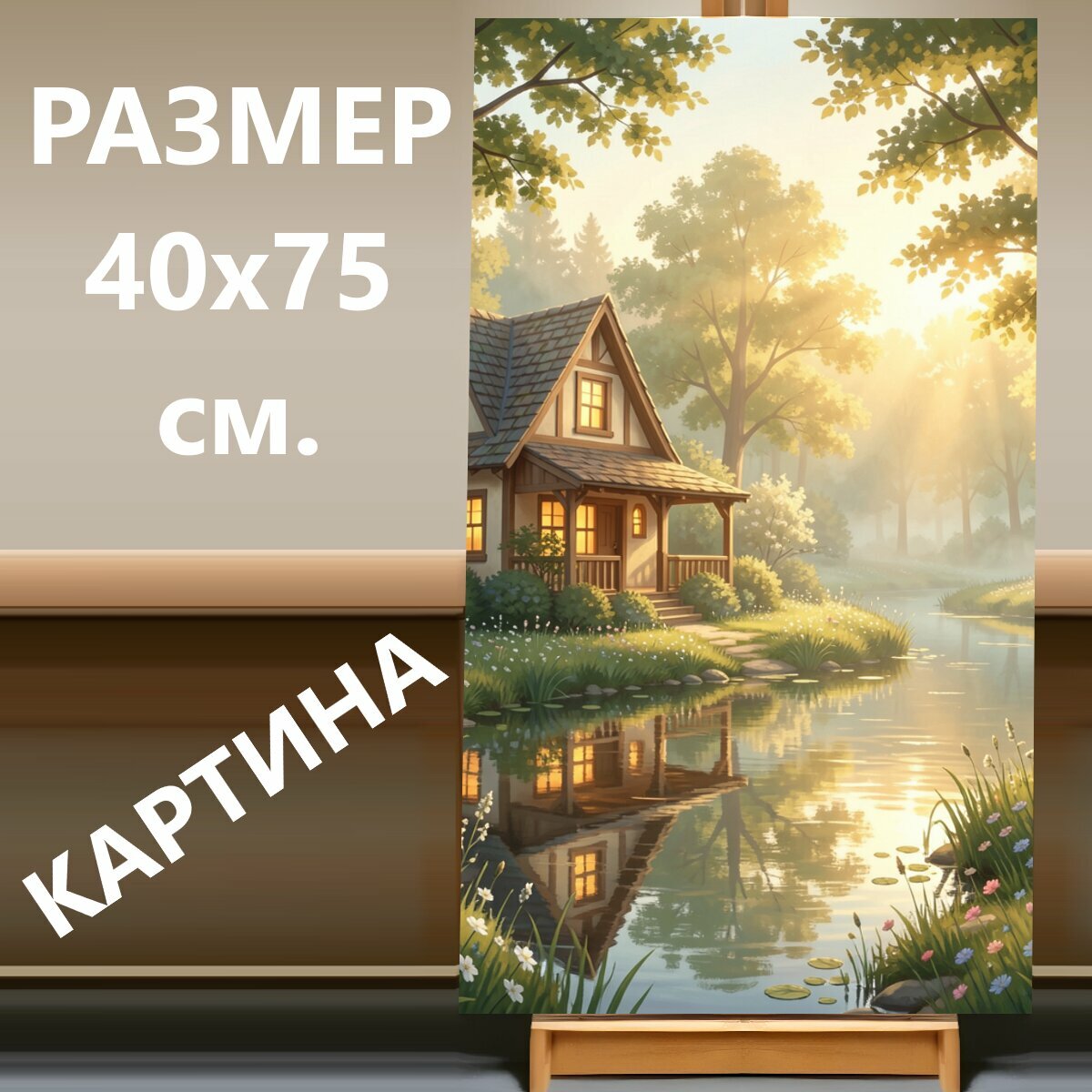 Картина на холсте "Дом у лесной речки. Уютный сказочный домик среди высоких деревьев у тихой воды, солнечные лучи, отражения в реке, цветущие." на подрамнике 75х40 см. для интерьера