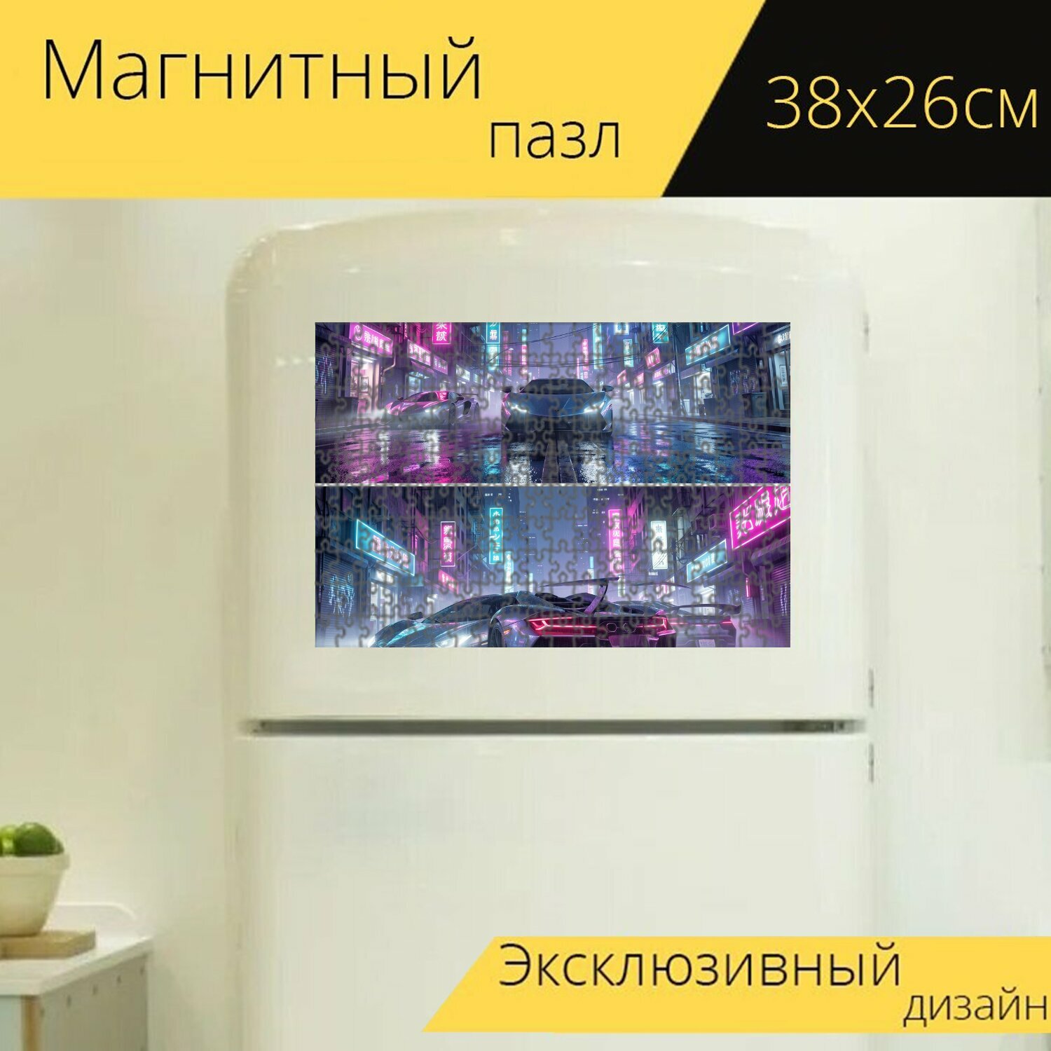 Магнитный пазл "Неоновые спорткары в дождливом городе. Два суперкара на мокрой ночной улице среди ярких азиатских вывесок, отражения неона на асфальте." для интерьера, 38х26 см.