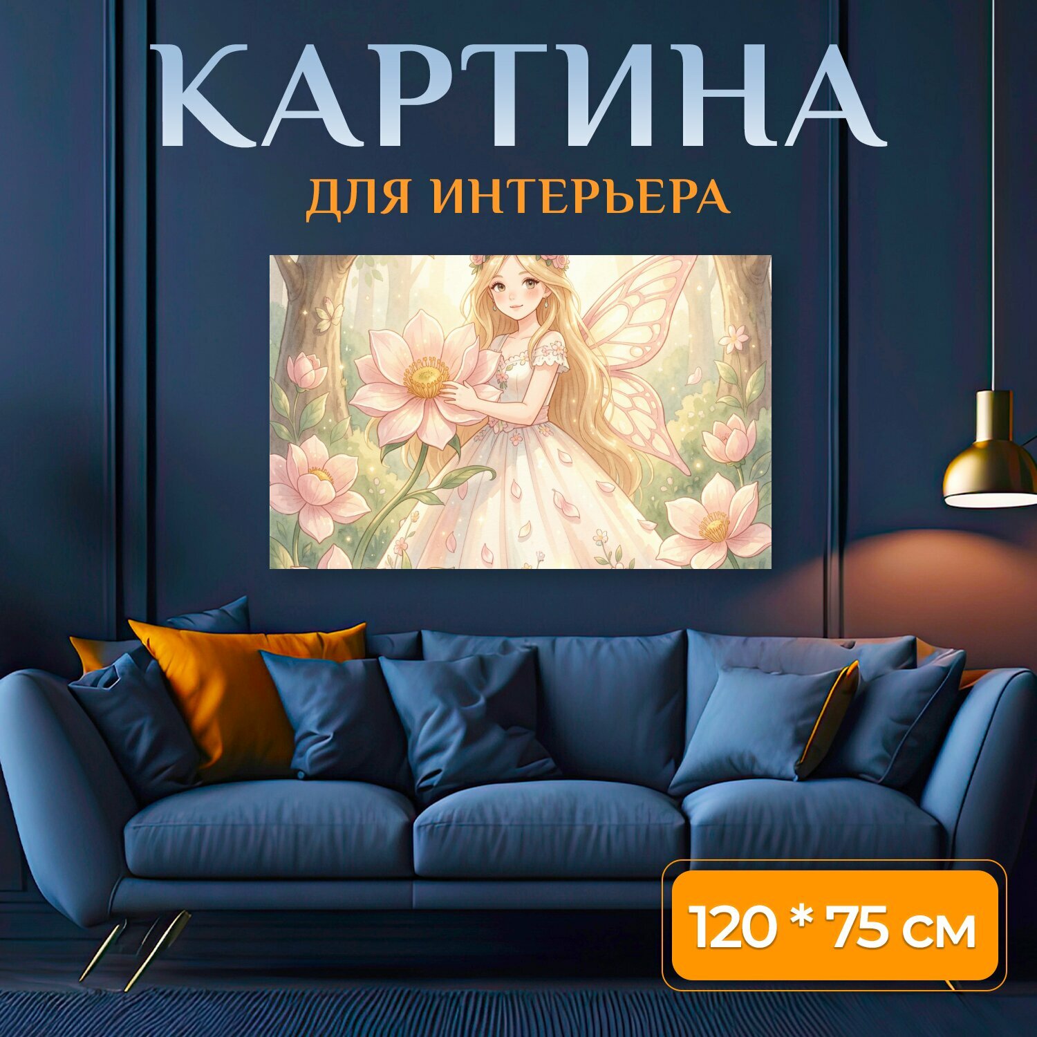 Картина на холсте "Фея в цветочном лесу. Нежная сказочная девушка с крыльями и венком из роз стоит среди больших розовых бутонов в светлом." на подрамнике 120х75 см. для интерьера