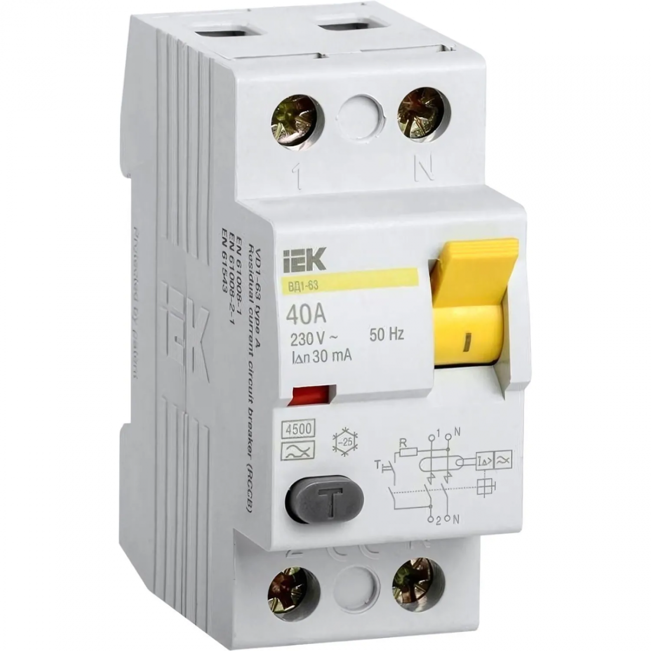 УЗО выключатель диф. тока IEK ВД1-63 2п 40А 30мА тип AC MDV10-2-040-030 1533823