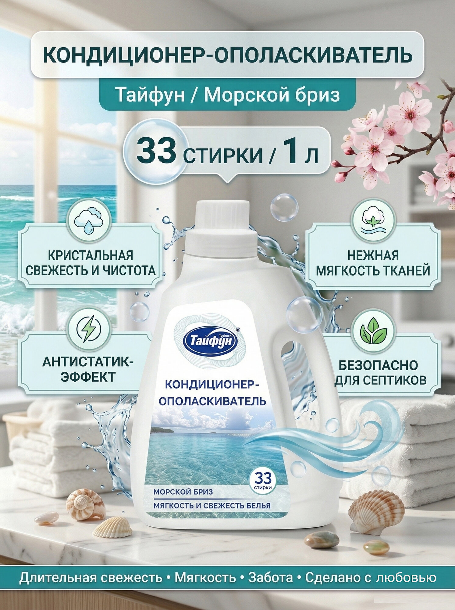 Кондиционер для белья тайфун для всех видов тканей 1 л (Морской бриз)